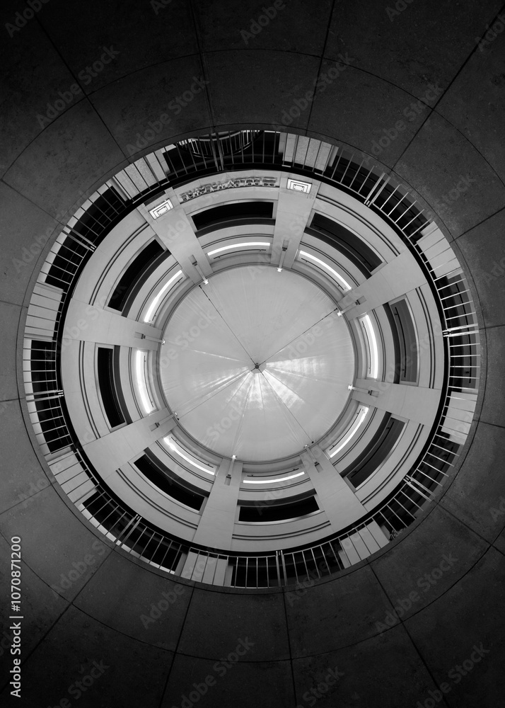 Black and white abstract view of a circular architectural structure ...