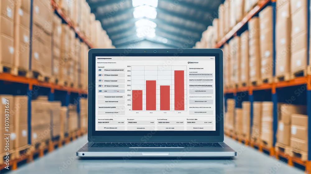 modern inventory management system displayed on laptop in warehouse, showcasing data ...