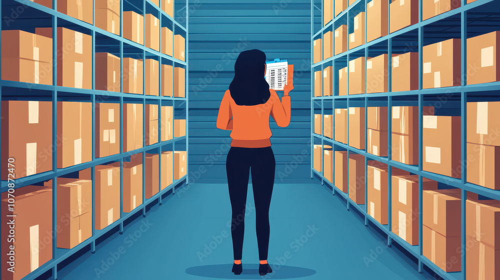 warehouse worker scanning barcodes in storage area filled with boxes ...