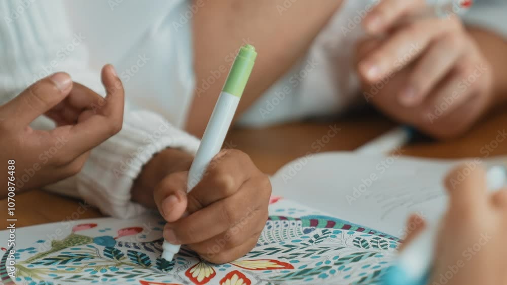 Panorama shot of diverse student hand drawing and coloring by using ...