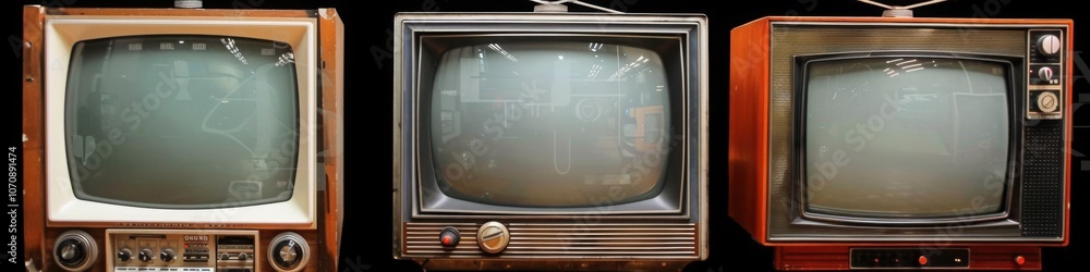 Three vintage televisions with scratched screens and worn frames ...