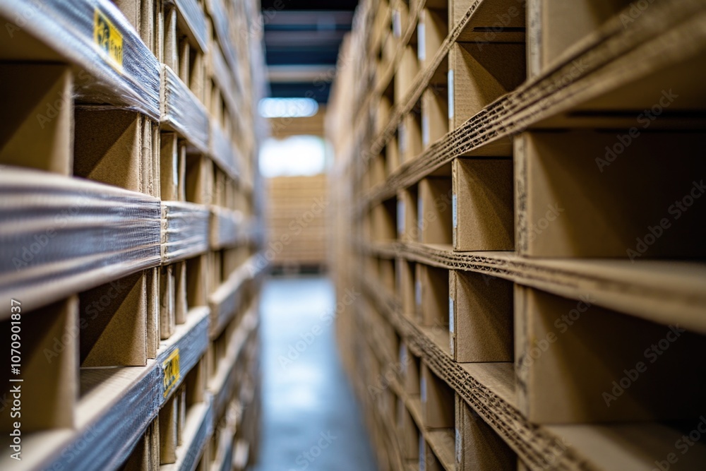 Row of shelves in a warehouse storage facility with boxes and ...