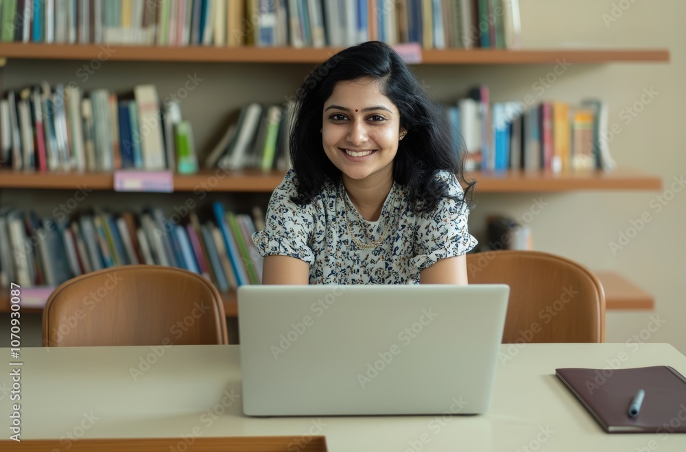 Happy beautiful Indian student woman working at laptop in library ...