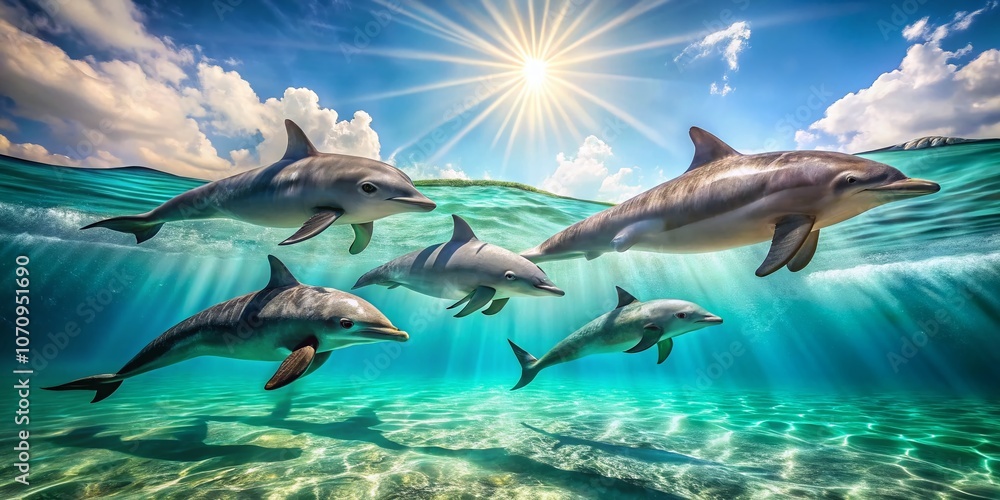 Five Dolphins Swimming Gracefully in the Turquoise Ocean Under the ...