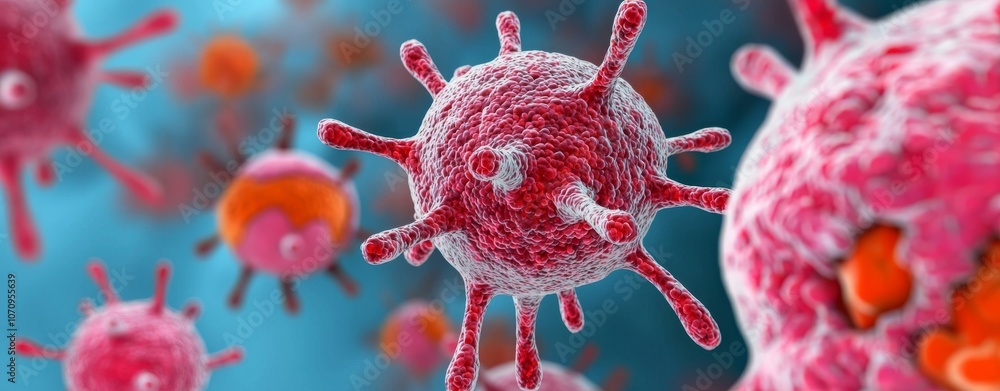 Under a microscope, a realistic macro body panorama shows the molecule ...