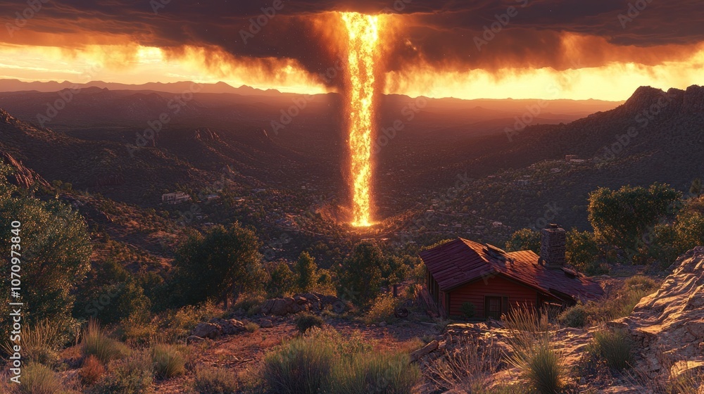 A fiery beam of light pierces through a dark cloud and illuminates the ...