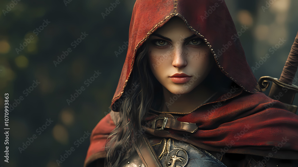 Portrait of a fantasy female ranger pathfinder patrolling her home land ...