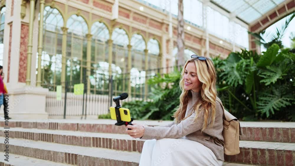 Travel influencer streaming vlog outdoors in a lush urban area ...