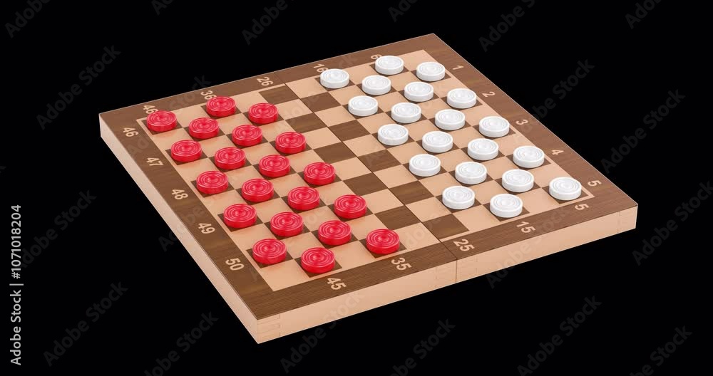 International checkers game board with white and red pieces, rotation ...