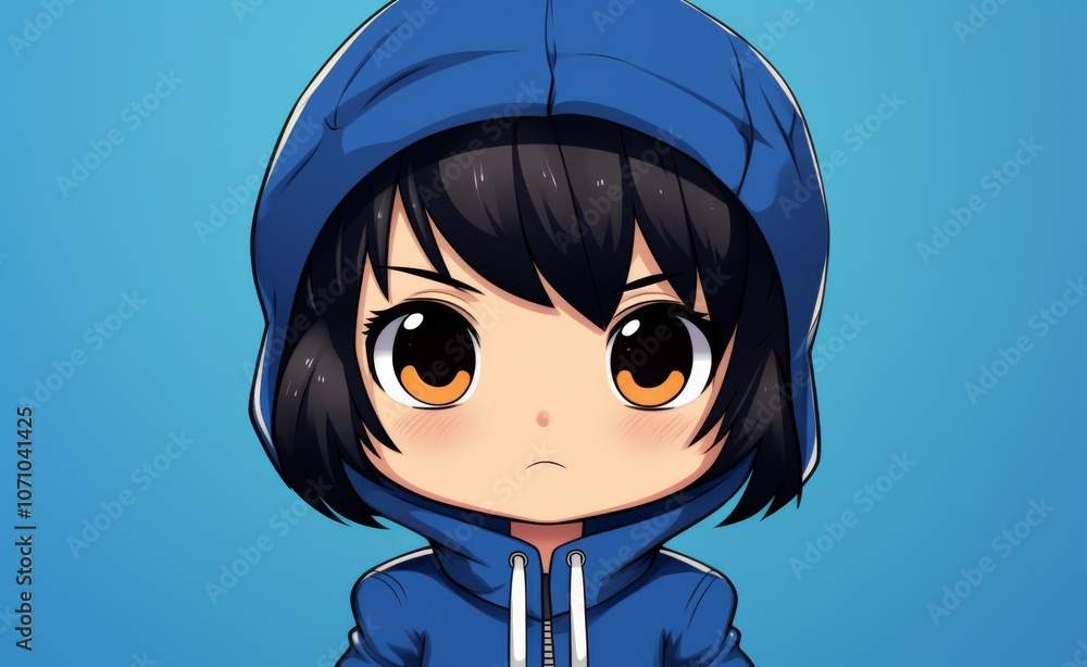 Chibi girl with black hair in two buns and bangs, wearing a blue hoodie ...