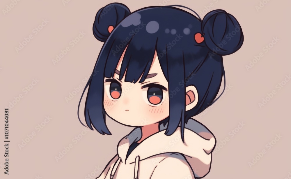 Cute chibi girl with black hair in buns, wearing a dark blue hoodie, in ...