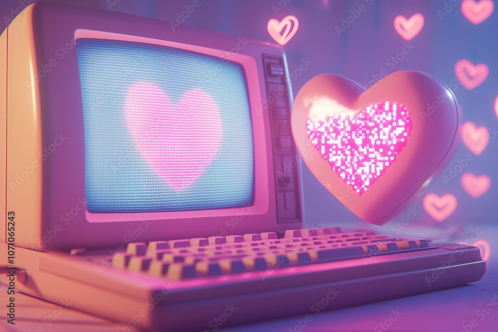 Retro computer displays a heart shape with pink liquid beside it in a ...