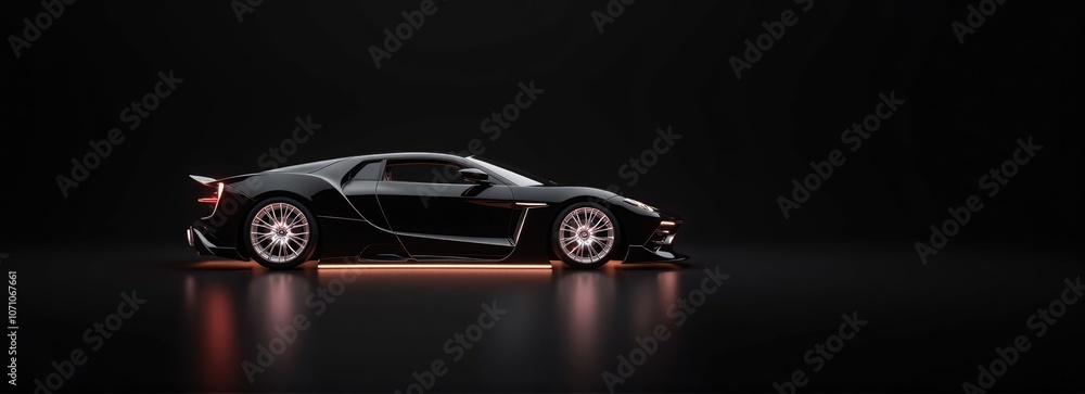 A sleek black car showcases its stunning design against a dramatic dark ...