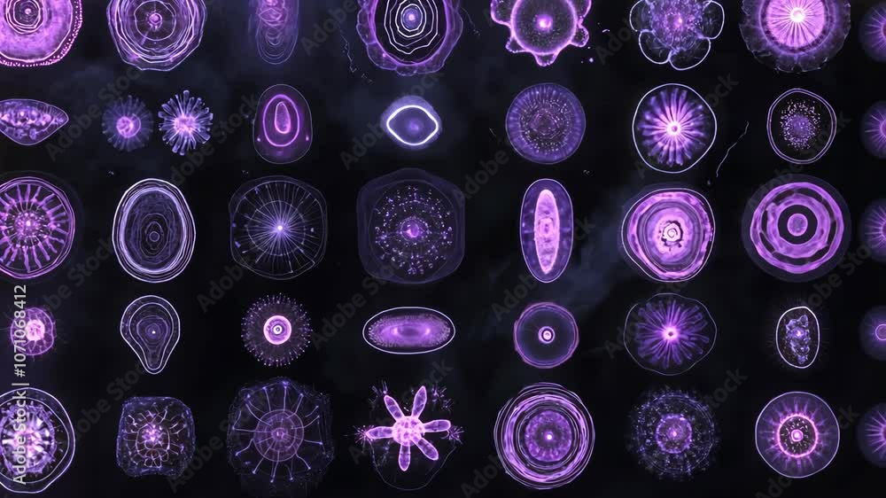 A collection of purple jellyfish, photographed under a microscope ...