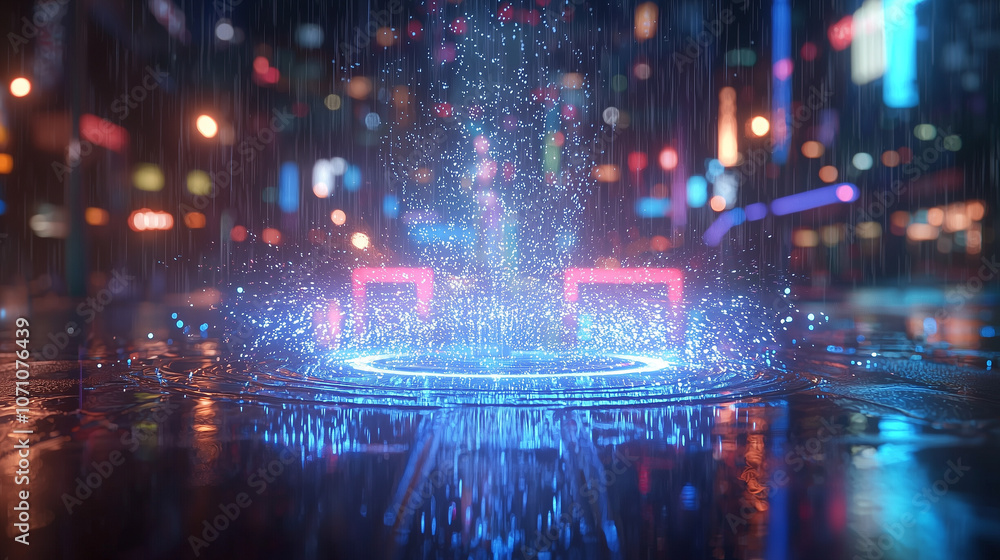 Water splash with vibrant neon lights reflecting on wet streets at ...