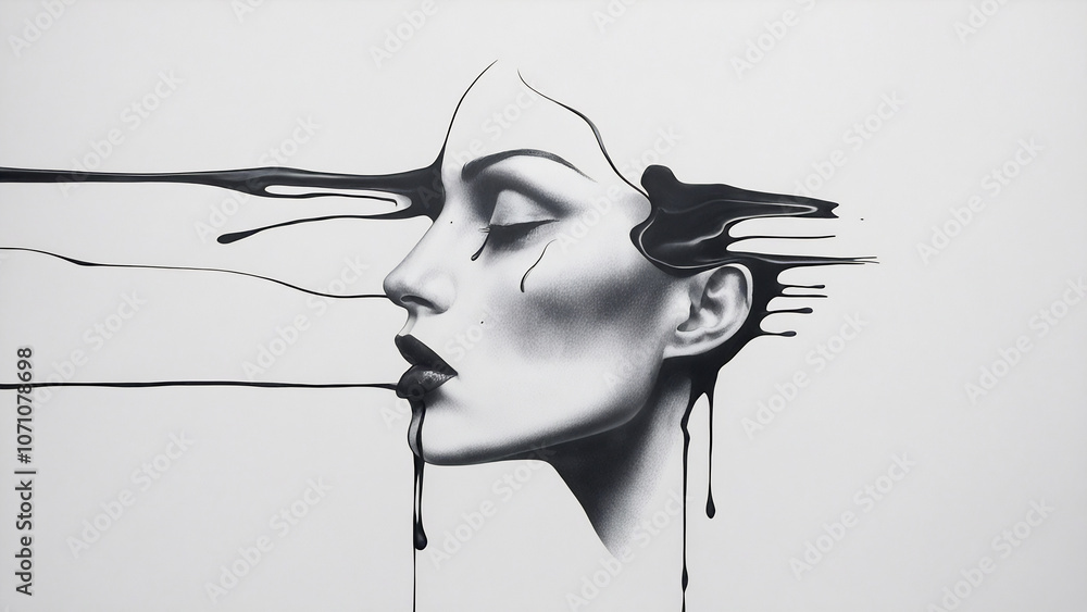 A captivating minimalist monochromatic painting featuring a woman's ...