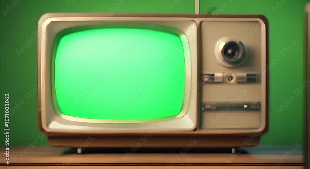 Retro vintage television Close Up Footage of a Dated TV Set with Green ...