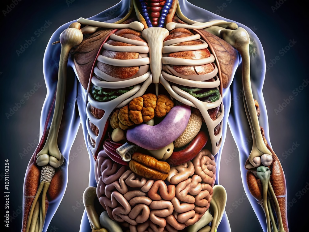 Panoramic View of Human Abdomen Anatomy Displaying Internal Organs in ...