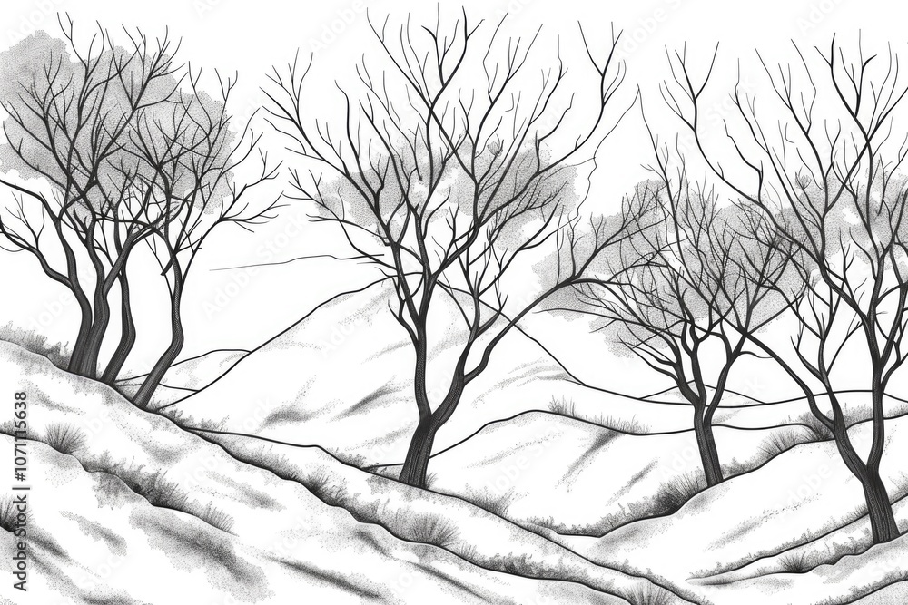 Coloring book illustration of snowy hills with dry leafless trees ...