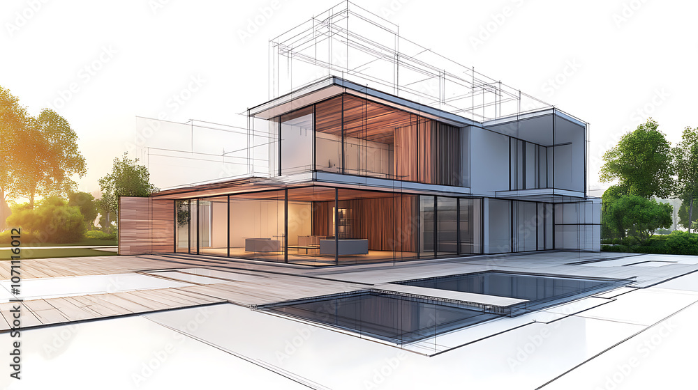 3d rendering of modern house architectural plan detailed cad model for ...
