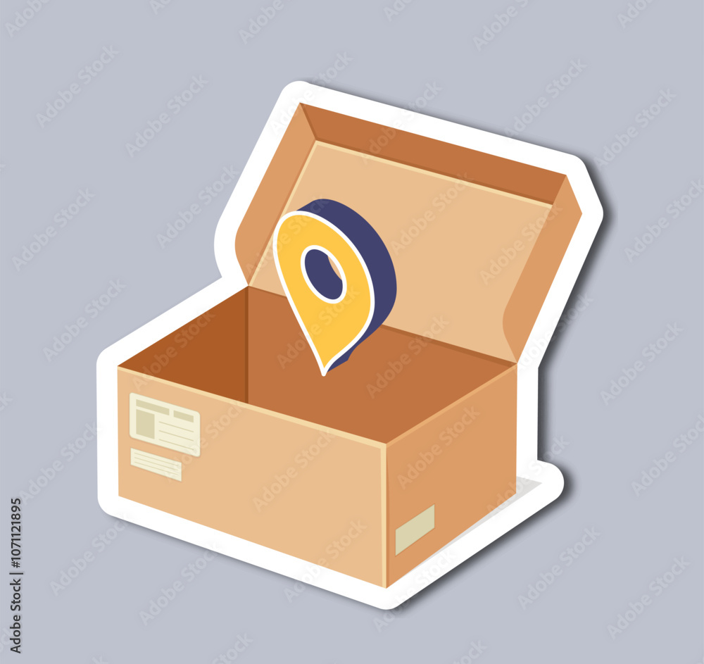 Delivery label. Volumetric cardboard box with gps pin. Logistics ...