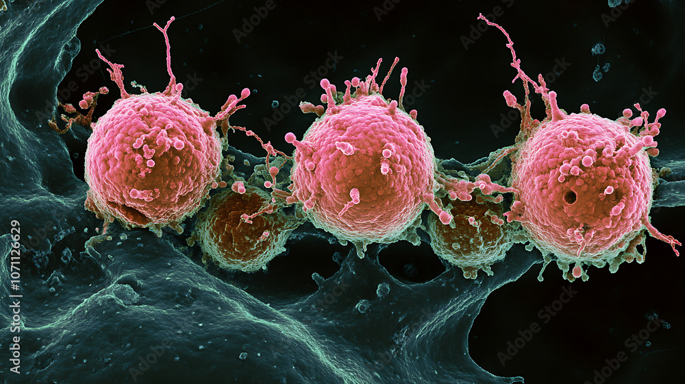 Microscopic view of immune cells targeting cancer cells, illustrating ...