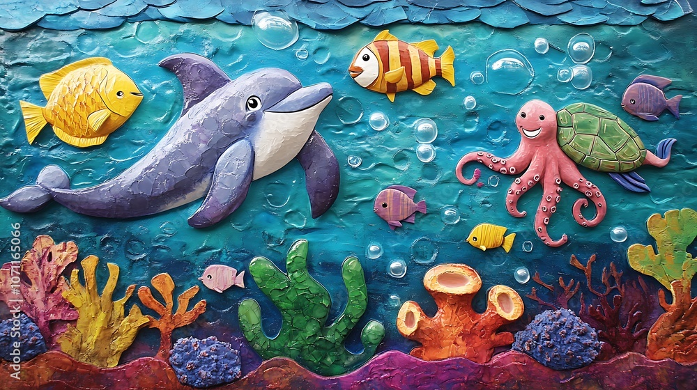 A whimsical underwater cartoon scene with various marine animals ...