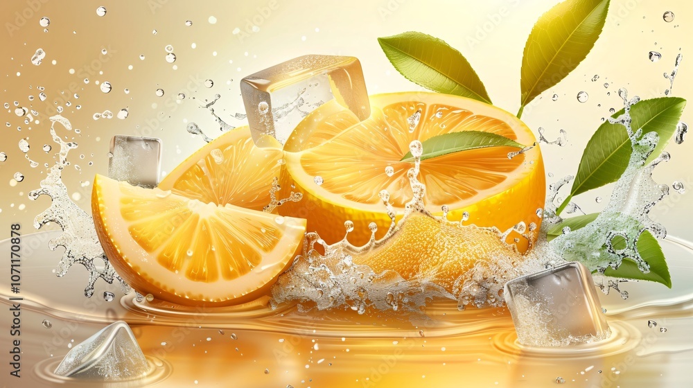 Realistic lemon with green leaves, ice cubes, and water splashes ...