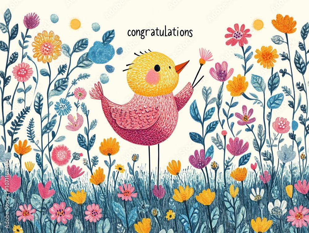 congratulations card featuring a happy cartoon bird in a colorful ...