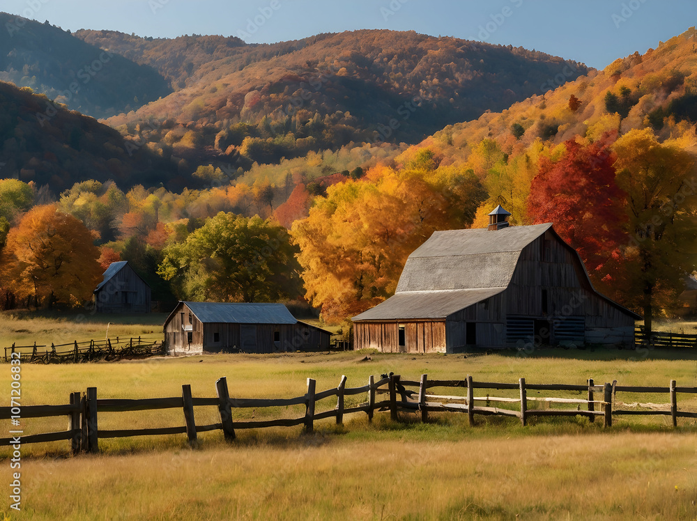 A peaceful farm in a village during autumn, where golden fields stretch ...