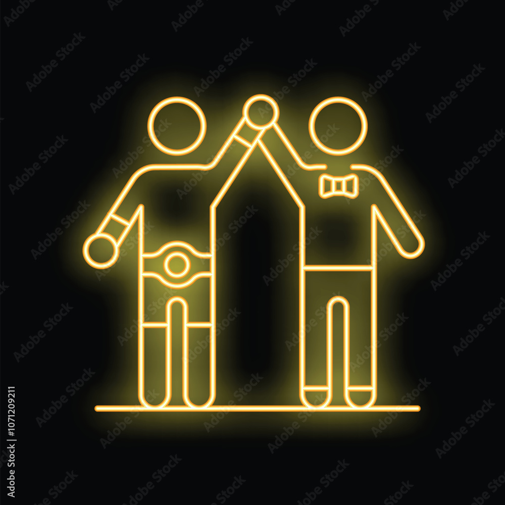 Neon sign showing a boxer and a referee giving a high five, symbolizing ...