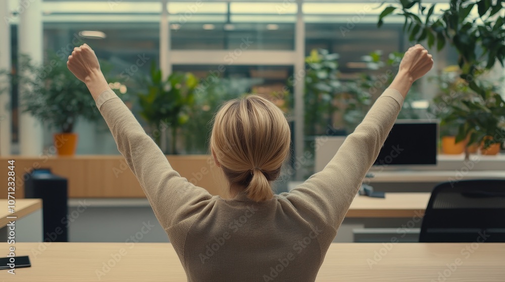 Office worker taking a break to do stretches in a modern office setting ...