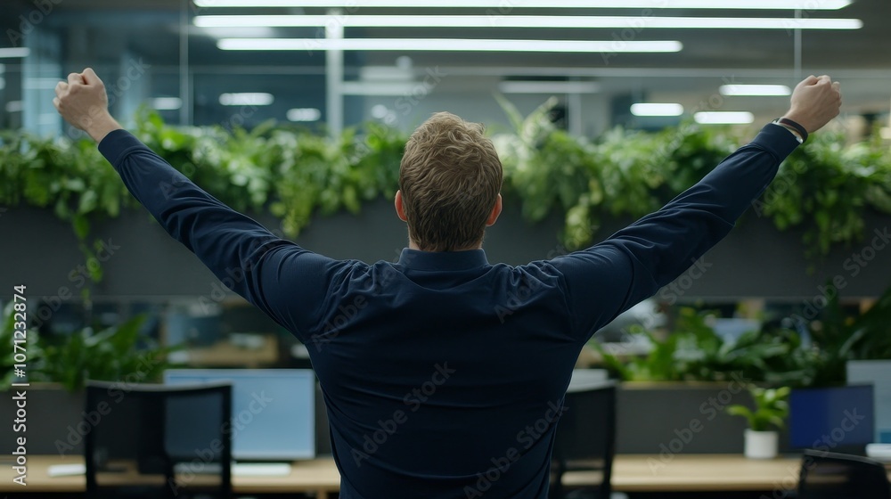 Office worker taking a break to do stretches in a modern office setting ...