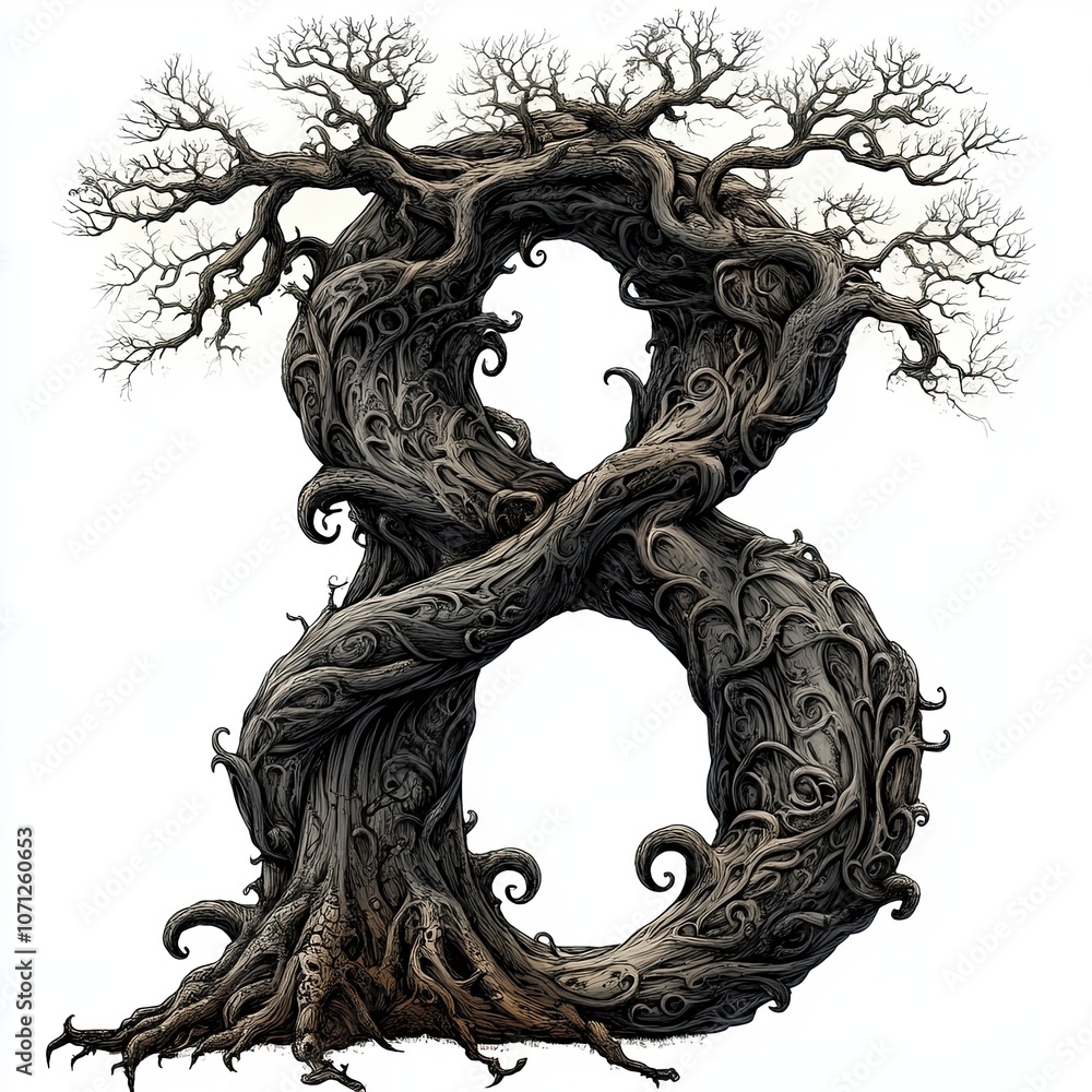 Number 8 Formed from Twisted Tree Branches and Roots, Illustration of ...