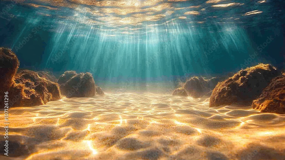 Sunlight beams through the water, illuminating the sandy bottom. This ...
