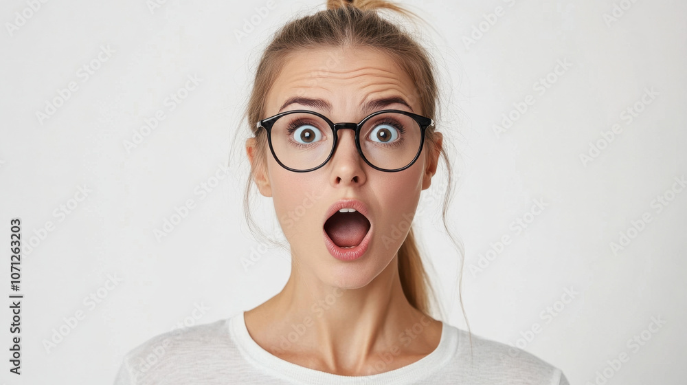 Surprised blonde woman with glasses expressing shock and amazement. Her ...