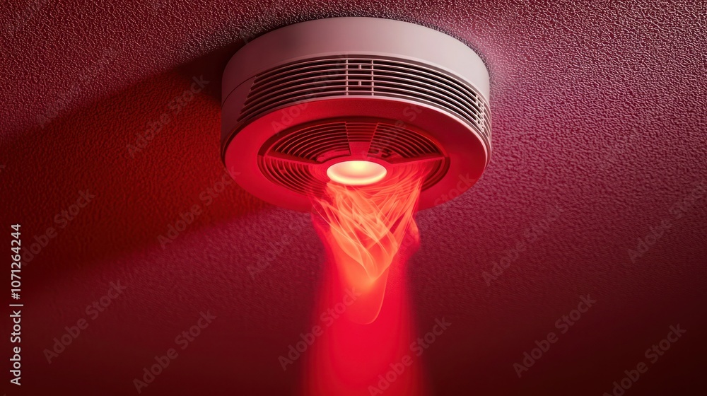 A sleek, modern smoke detector emitting a red warning light, indicating ...