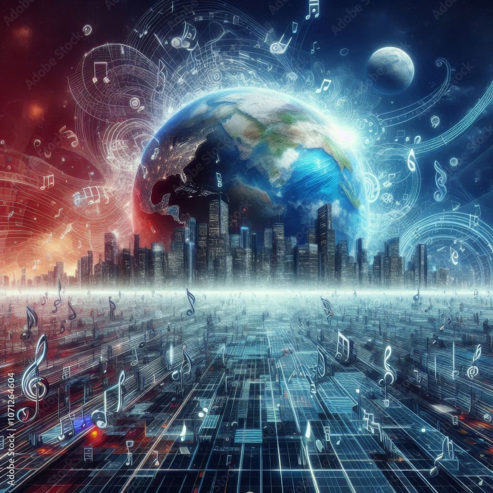 Panorama with music notes and electronic elements for a dynamic ...