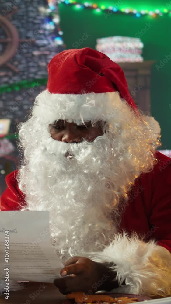 Vertical Video Father Christmas reading letters by the fire in his ...