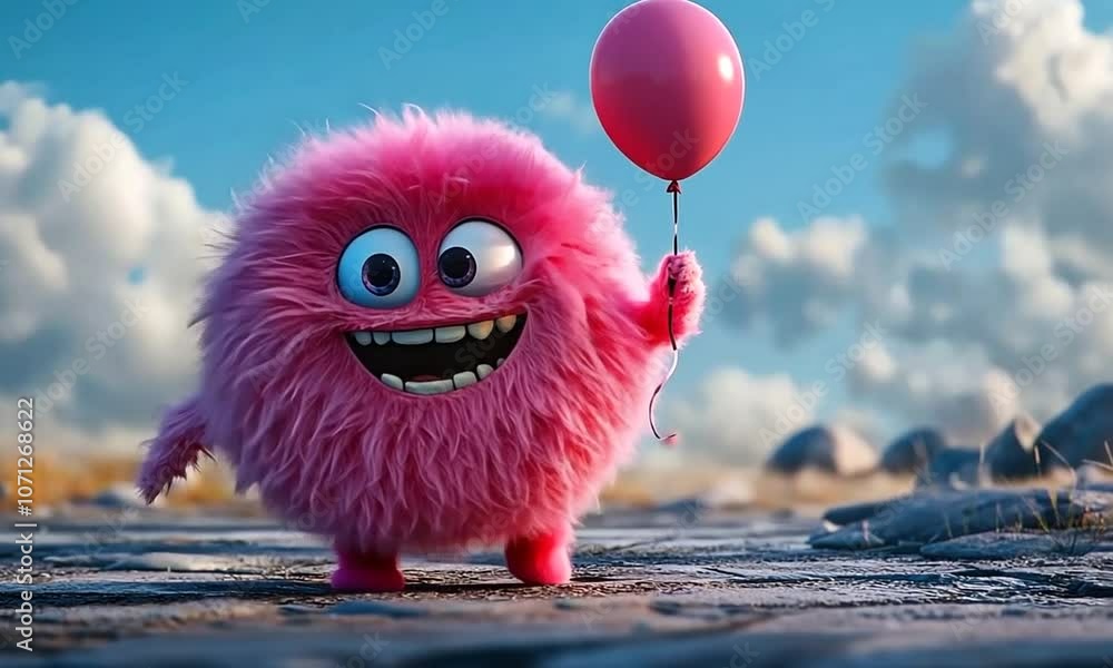 Pink furry cartoon character with a big smile holding a pink balloon ...