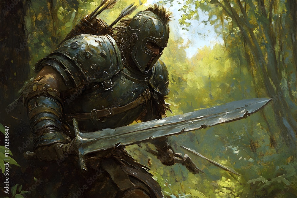 Valiant Warrior Champion Emerges from Verdant Forest Clearing,Battle ...
