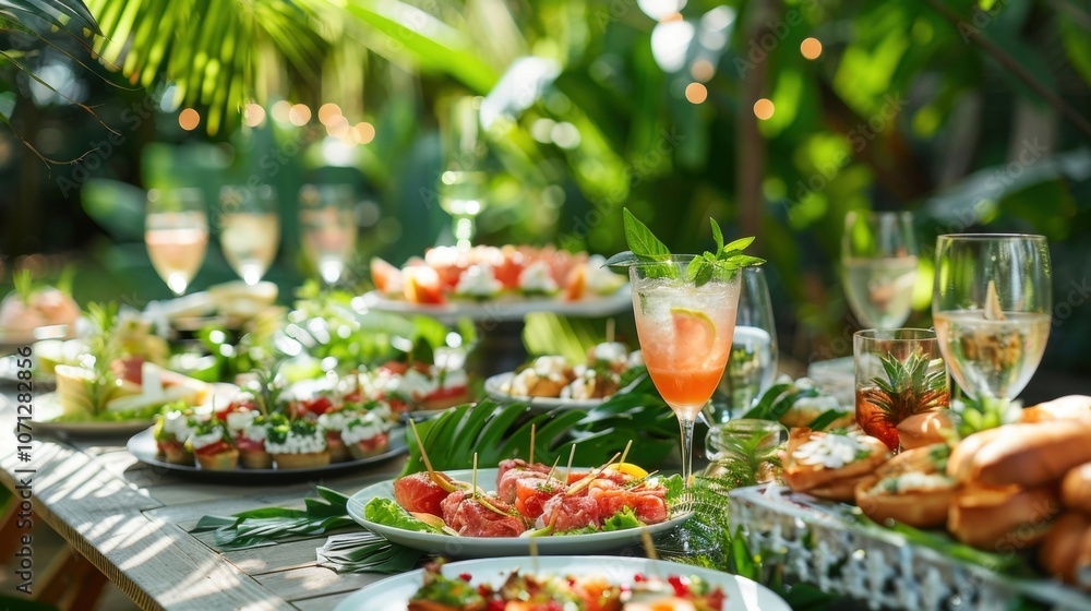 An outdoor gathering with a large table filled with plates of fancy ...