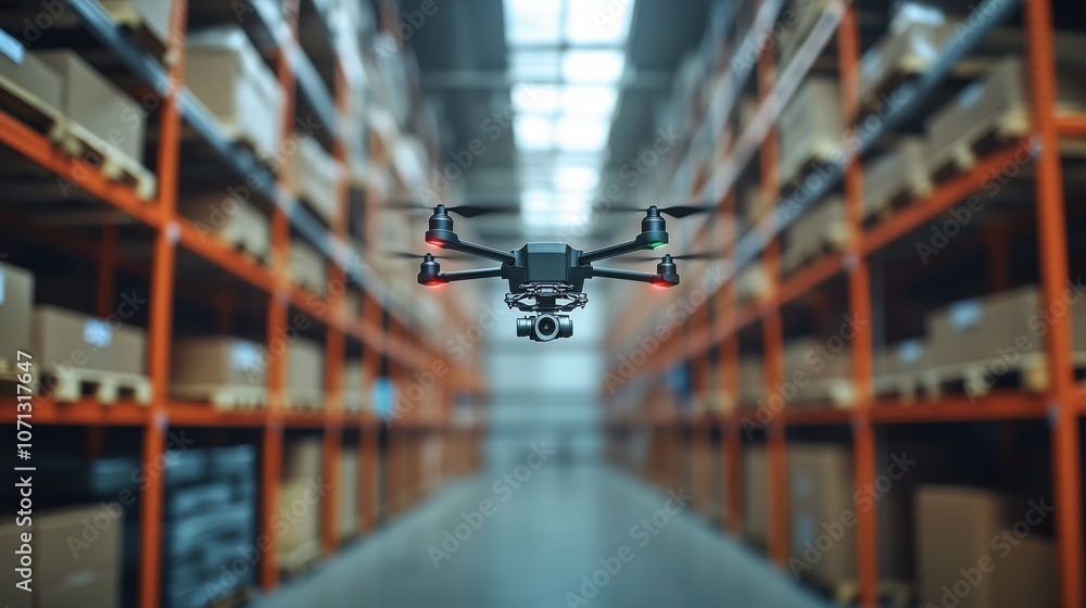 Drone in Warehouse for Inventory Management. Drone flying through an ...