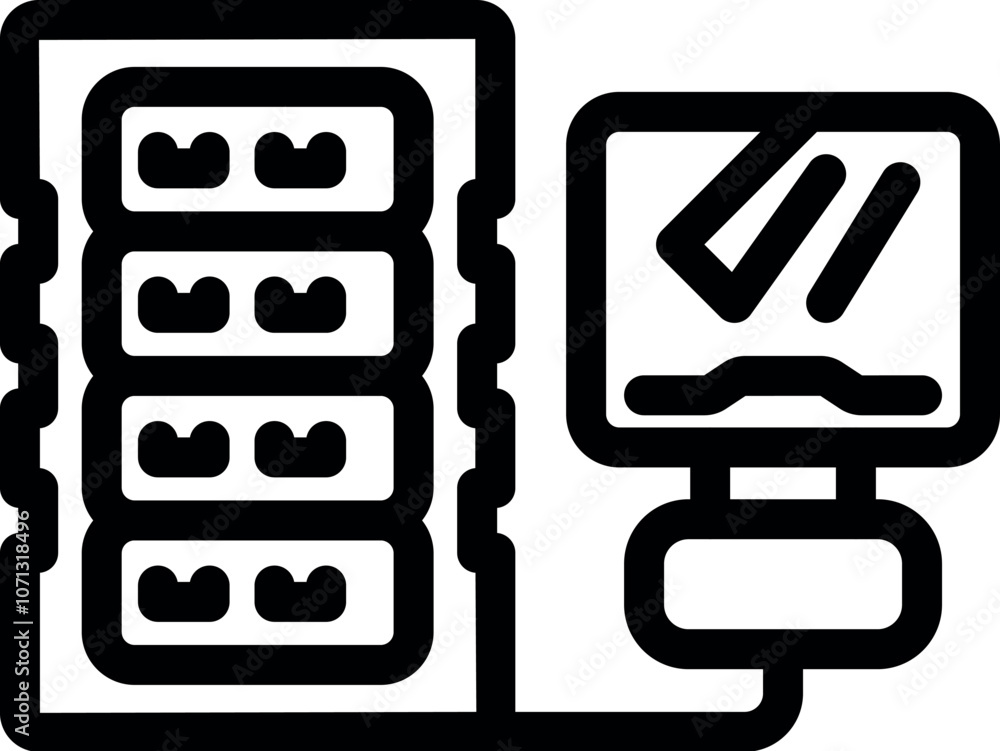 Server rack with connected monitor displaying processing data ...