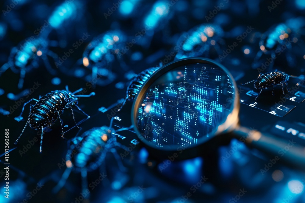 Troubleshooting concept highlighting software bugs on a computer ...