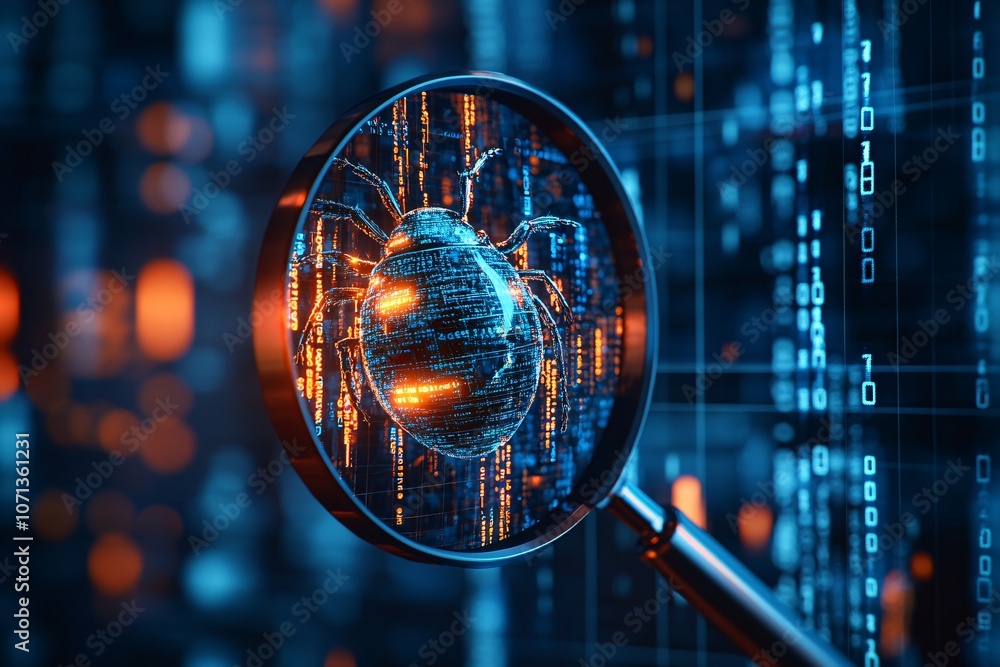 Troubleshooting concept highlighting software bugs on a computer ...