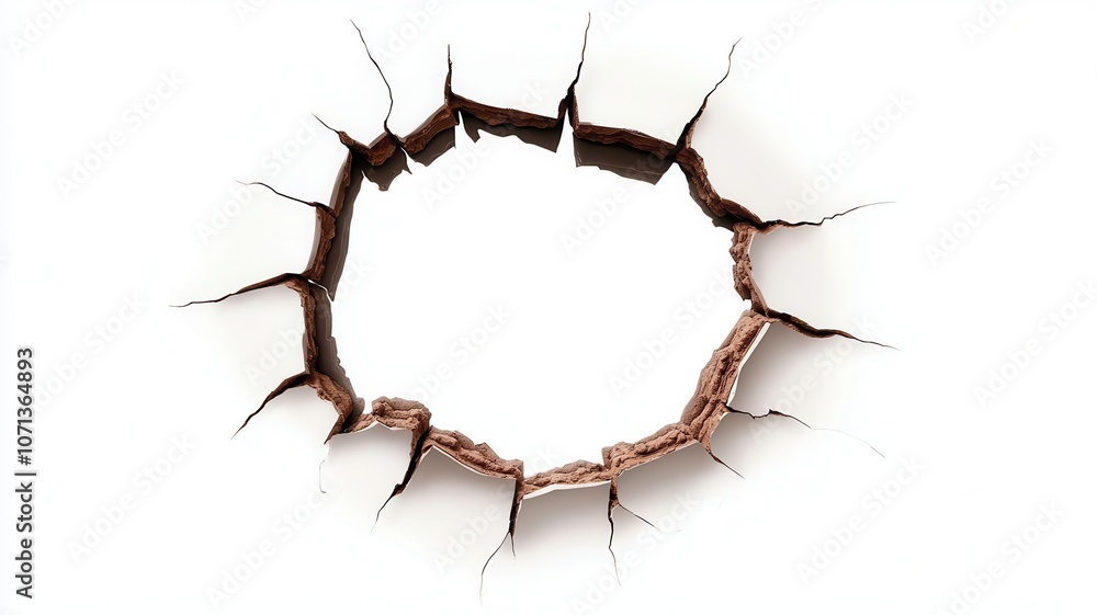 A circular crack with jagged edges, revealing a blank white space in ...