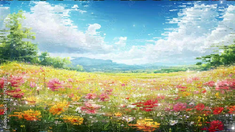 A vibrant spread of wildflowers blankets a lush valley below clouds ...