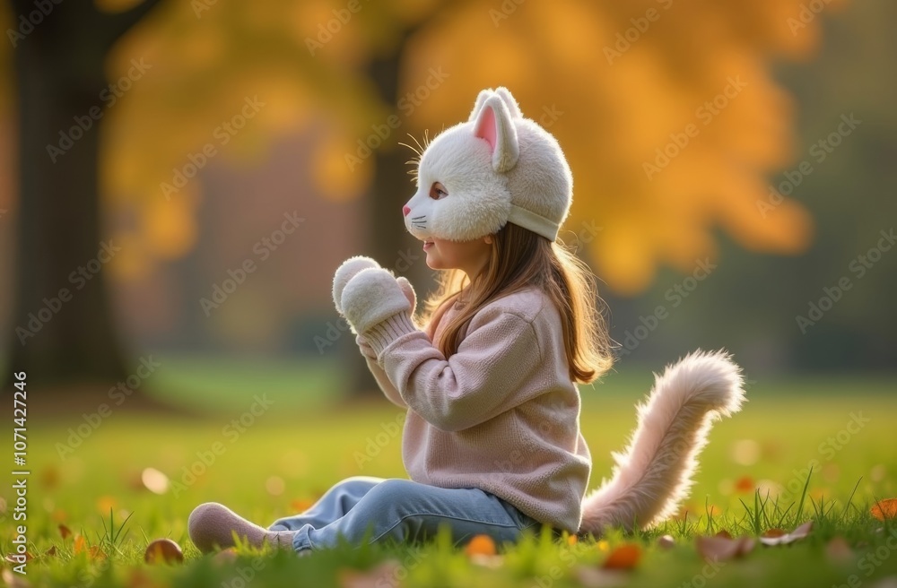 quadrober child girl in cat mask sits on all fours in park, quadrobics ...