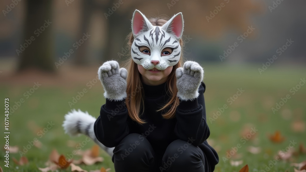 quadrober child girl in cat mask sits on all fours in park, quadrobics ...